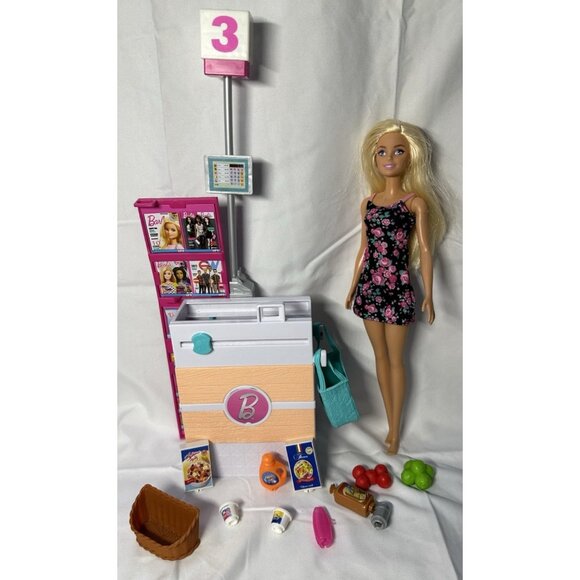 Toys | Barbie Supermarket Playset Blonde Doll 13 Grocery Store And Food ...